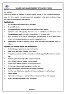 Taylors Halt Quarry Bursary Application Form 2023 | Bursaries South Africa